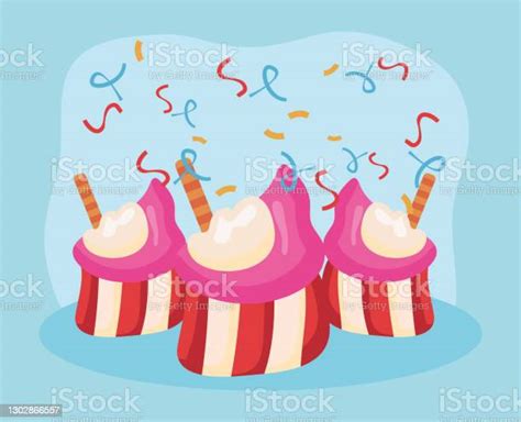 생일 축하 달콤한 컵 케이크와 색종이 공휴일에 대한 스톡 벡터 아트 및 기타 이미지 공휴일 기념일 낮 Istock