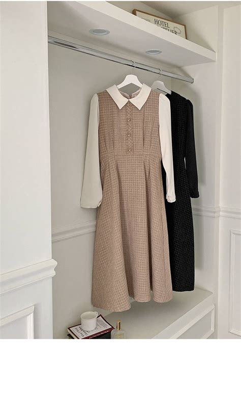 하객룩추천💐 Made 르무아 카라넥 소매배색 골드버튼 핀턱 플레어 롱원피스 44~99