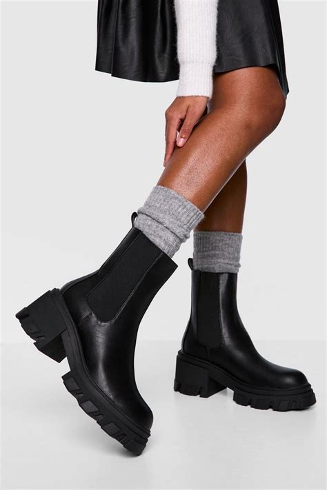Cleated Sole Low Heel Chunky Chelsea Boots Boohoo Uk