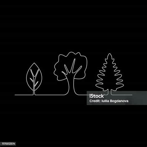 검은 색 배경에 흰색 나무의 연속 선 그리기 실루엣 윤곽선입니다 벡터 그림입니다 가로 아이콘입니다 숲 속 자작 나무 참나무와