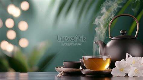 나무 테이블에 김이 나는 차 세트 사진 무료 다운로드 Lovepik