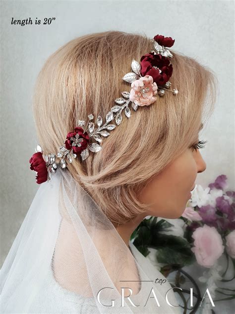 LEXIS Burgundy Wedding Hair Piece With Maroon Hair Flowers To Your