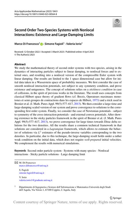 (PDF) Second Order Two-Species Systems with Nonlocal Interactions: Existence and Large Damping ...