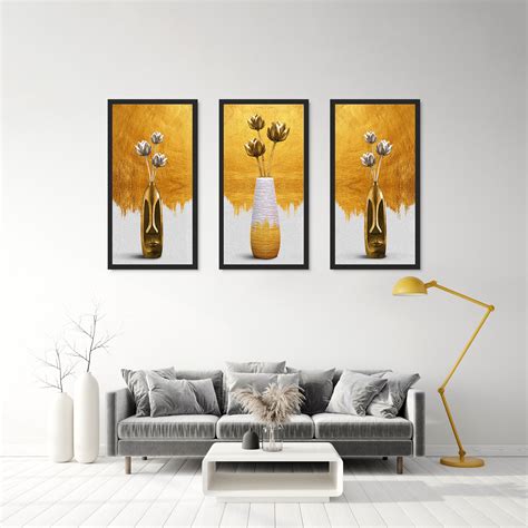 Gold Flower Vase Triptych Canvas Art Articture