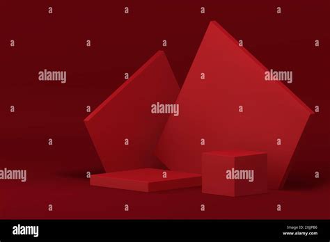 Red 3d Geometric Podium Squared Pedestal With Angular Shape Wall Background Realistic Vector