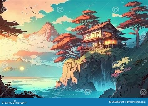 Lovely Anime Sunrise Scenery In Coastal Jungle Village Stock