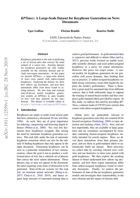 Pdf Kptimes A Large Scale Dataset For Keyphrase Generation On News Documents