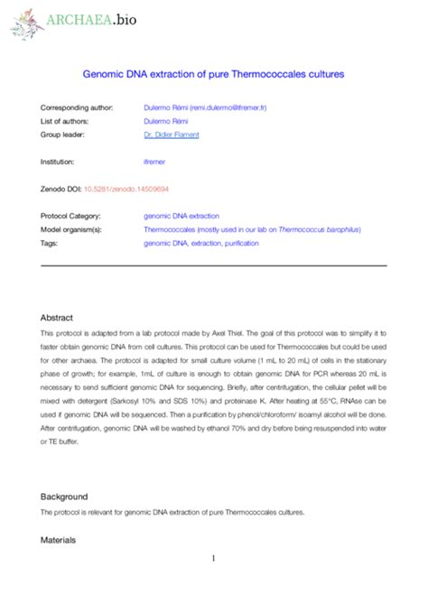 genomic dna extraction of pure thermococcales cultures archaea bio
