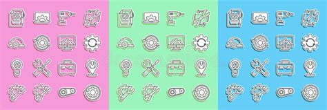 Set Line Gear And Arrows As Workflow Location With Wrench Spanner Electric Drill Machine