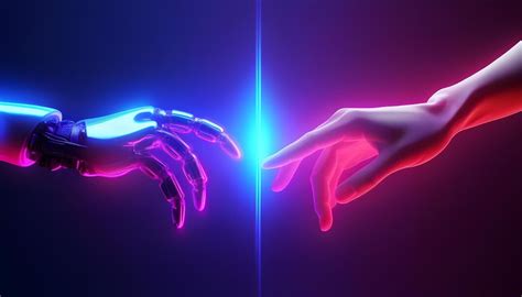 Robot Hand Making Contact With Human Hand On Dark Background 3d