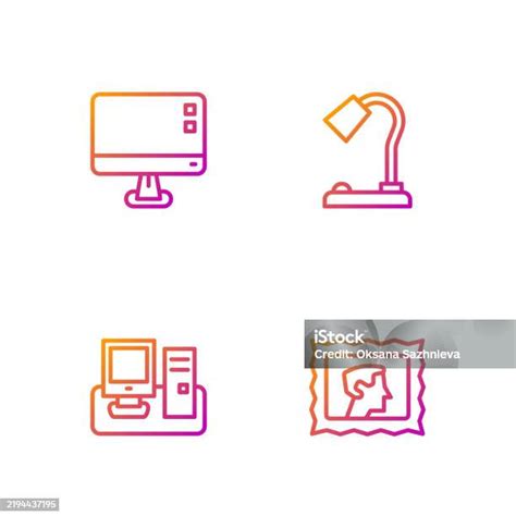 라인 우편 스탬프 키보드가 있는 모니터 컴퓨터 모니터 화면 및 테이블 램프를 설정합니다 그라디언트 색상 아이콘 벡터 0명에 대한 스톡 벡터 아트 및 기타 이미지 Istock