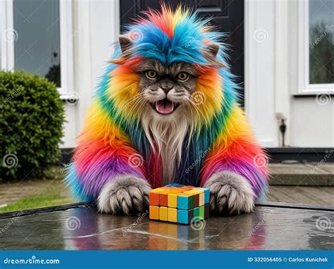 A Fluffy Cuddy Monster Solving A Rubiks Cube Covered Rainbow Coloured Fur Generated By Ai