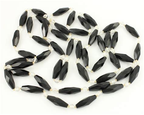 Vintage Black Glass Bead Flapper Necklace Roaring 20 Gem