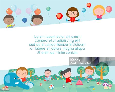어린이 놀이터 광고 브로셔 놀이터에서 아이 들 당신의 텍스트 아이 아이 프레임과 프레임 벡터 일러스트 레이 션에 대 한 서식 파일 벡터에 대한 스톡 벡터 아트 및 기타