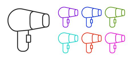 흰색 배경에 격리 된 검은 줄 헤어 드라이어 아이콘 헤어 드라이어 기호 헤어 건조 기호 뜨거운 공기를 불어 다채로운 아이콘을 설정합니다 벡터 건조한에 대한 스톡 벡터 아트