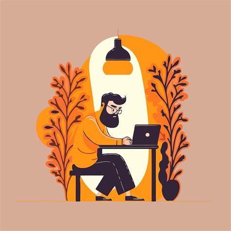 Premium Vector Happy Man Working On Laptop In Hygge Style Freelance