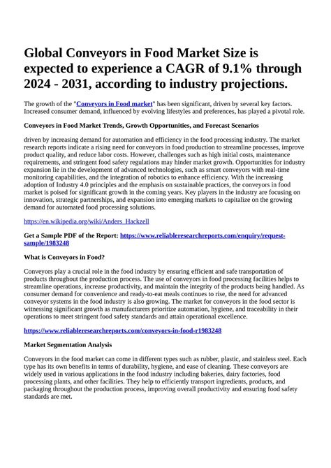 Reportprime Global Conveyors In Food Market Size Is Expected To