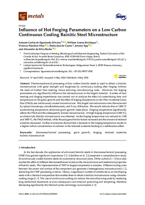 Pdf Influence Of Hot Forging Parameters On A Low Carbon Continuous Cooling Bainitic Steel