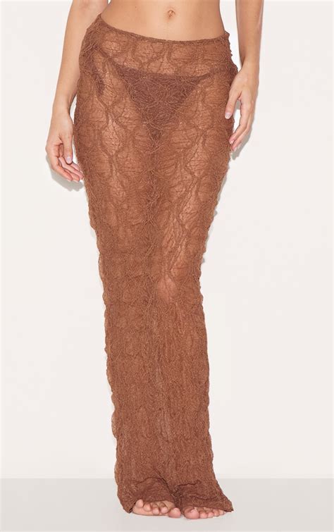 Chocolate Textured Mesh Maxi Beach Skirt Swimwear Prettylittlething
