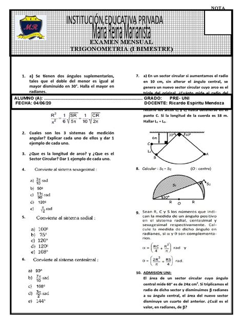 Examen Mensual Trigonometria Pre Uni Pdf Trigonometría Enseñanza