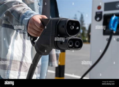 Woman Holding Ccs Socket Type 2 Fast Combined Charging System Combo 2