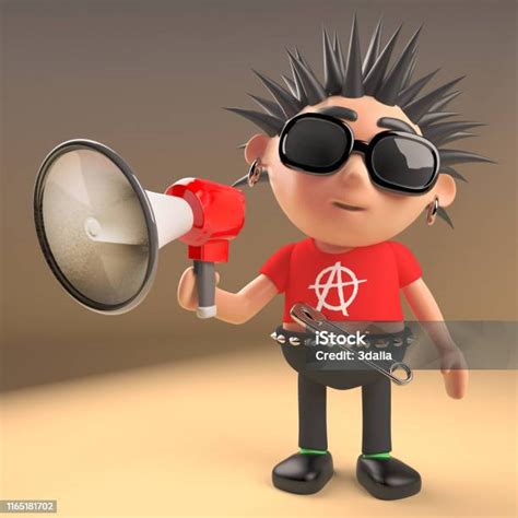 메가 폰 라우드 하일러 3d 일러스트를 사용하여 재미있는 만화 펑크 로커 캐릭터 3차원 형태에 대한 스톡 사진 및 기타 이미지 3차원 형태 공격성 데모 Istock