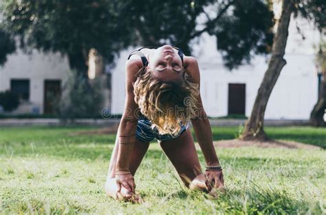 Yoga Outdoors Young Beautiful Slender Woman Yoga Instructor Doing