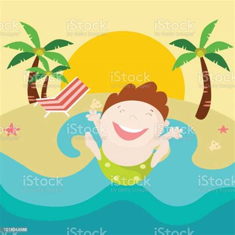 귀여운 꼬마 연주하 고 석양 여름 해변에서 휴가 중에 재미 만화 캐릭터 경관에 대한 스톡 벡터 아트 및 기타 이미지 경관 계절 남성 Istock
