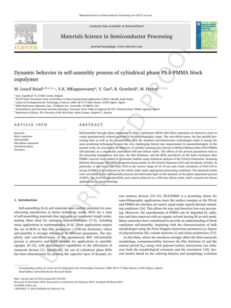 Pdf Dynamic Behavior In Self Assembly Process Of Cylindrical Phase Ps B Pmma Block Copolymer