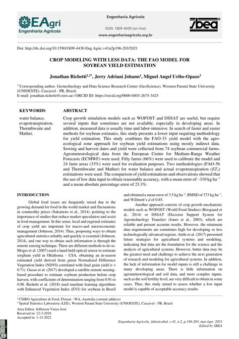 Pdf Crop Modeling With Less Data The Fao Model For Soybean Yield Estimation