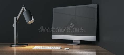 Modern Designer Wooden Desktop With Empty Mock Up Computer Monitor