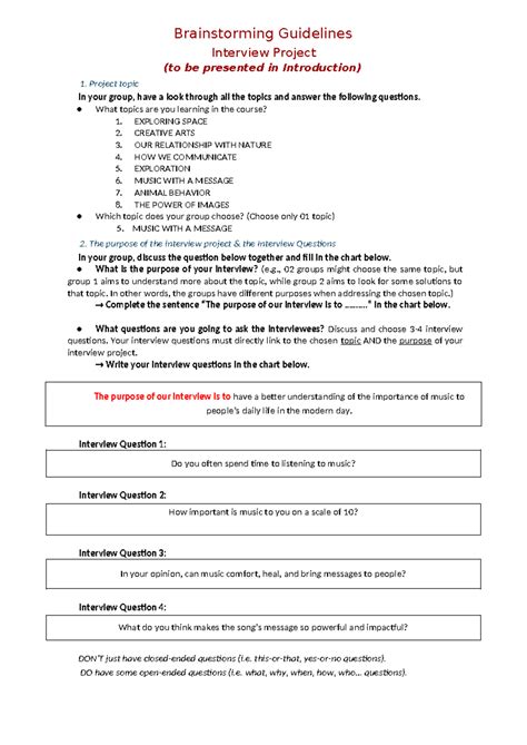 Brainstorming Questions Brainstorming Guidelines Interview Project