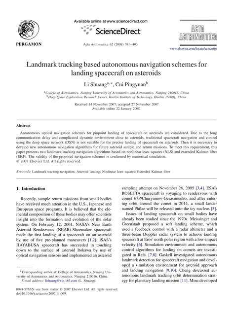 Pdf Landmark Tracking Based Autonomous Navigation Schemes For Landing Spacecraft On Asteroids