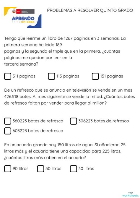 Problemas A Resolver Quinto Grado Ficha Interactiva Topworksheets