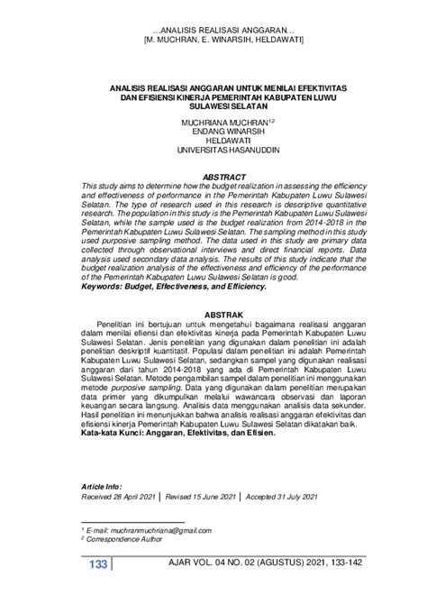 Pdf Analisis Realisasi Anggaran Untuk Menilai Efektivitas Dan