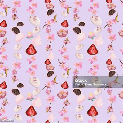 손으로 그린 일본 전통 과자가 있는 수채화 매끄러운 패턴 와가시 떡 벚꽃 컬러 배경에 격리 초대장 레스토랑 메뉴 인사말 카드 인쇄 섬유 0명에 대한 스톡 벡터 아트 및 기타