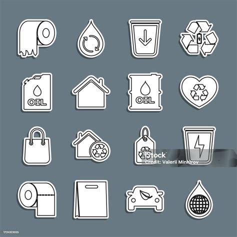 물방울 쓰레기통이 있는 번개 친환경 심장 집 캐니스터 기계 오일 화장지 롤 및 오일 배럴 아이콘으로 보내기에 지구 행성을 설정합니다 벡터 Friendly Match에 대한