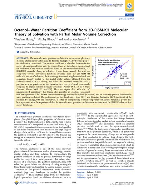 Pdf Octanol Water Partition Coefficient From 3d Rism Kh Molecular Theory Of Solvation With
