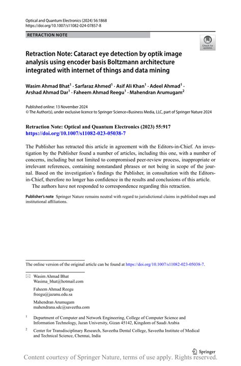 Retraction Note Cataract Eye Detection By Optik Image Analysis Using