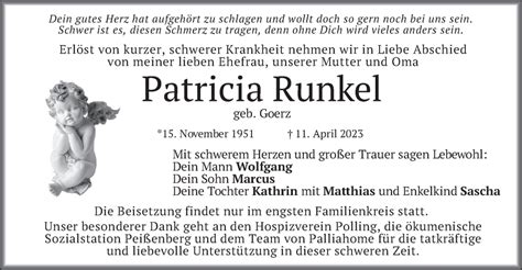 Traueranzeigen Von Patricia Runkel Trauer Merkur De