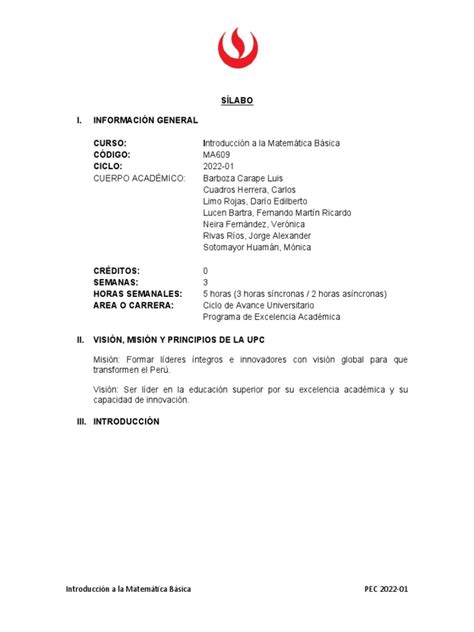 Sílabo 2022 1 Junio Pdf Ecuaciones Geometría Analítica