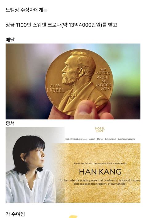 한강 작가가 받는 노벨상 혜택 유머 움짤 이슈 에펨코리아