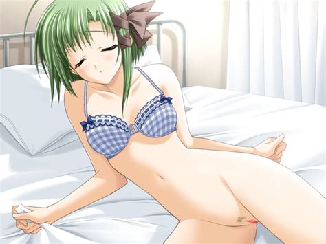 rule 34 bed bra closed eyes female game cg green hair nipples pillow