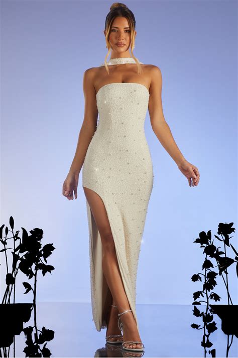 Belgravia Embellished Bandeau Thigh Split Maxi Dress In Ivory Oh Polly