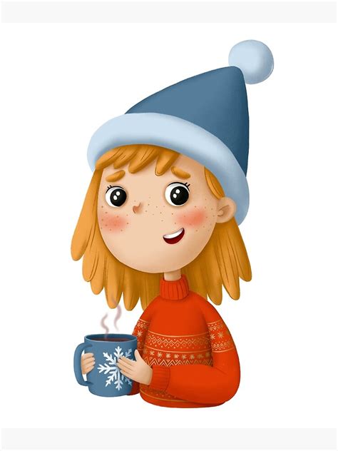 Póster Linda Ilustración De Navidad Con Una Chica De Dibujos Animados En Un Sombrero De Navidad