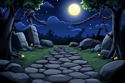 a path in the night with a full moon in the background premium ai