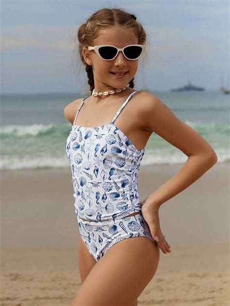 Shein 2pcs Girls Marine Life Print Spaghetti Strap Bikini Set Cute