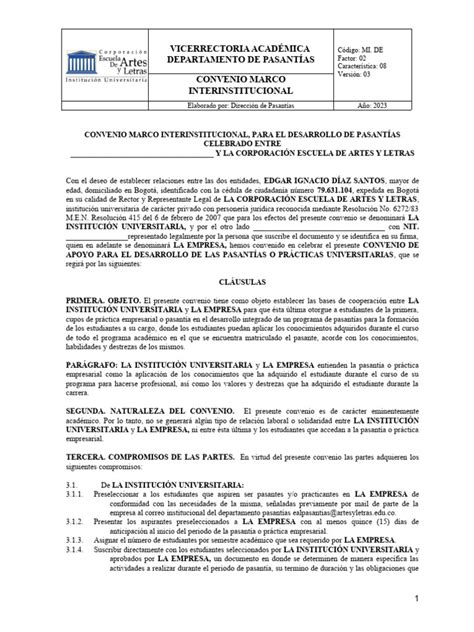 Formato Convenio Marco Interinstitucional 2023 Pdf Business