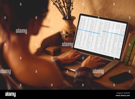 Back View Of Caucasian Female Programmer Siting At Desk Using Laptop With Coding On Screen