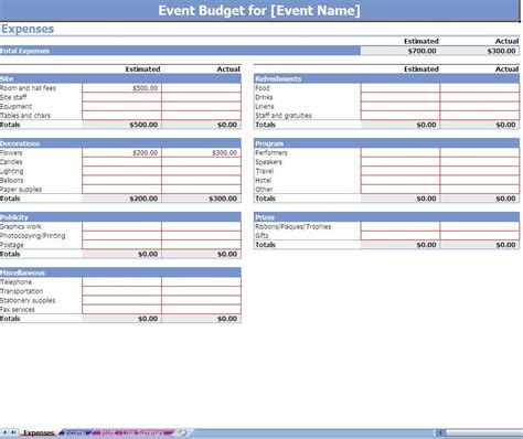 Event Budget Excel Template